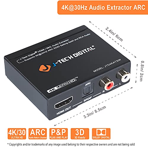 J-Tech Digital 4K30 HDMI Audio Extractor HDMI ARC Converter SPDIF + RCA Output HDCP1.4 Compatible with Dolby Digital/DTS CEC [JTD4KATSW]