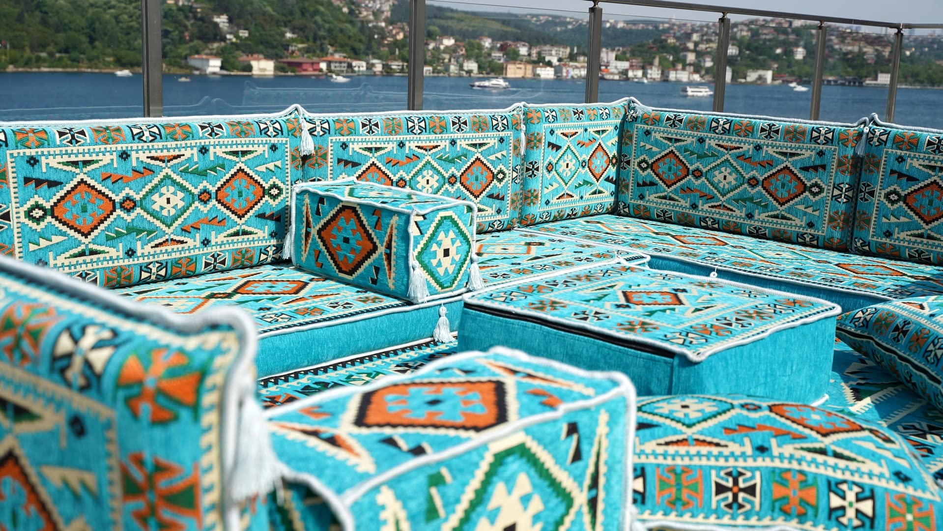 Light Blue Corner Floor Sofa Seating Set, U Shaped Arabic Sofa Set, Oriental Floor Seating, Floor Cushions, Living Room Sofa, Arabic Majlis,Floor Couch (U Sofa Full Set)