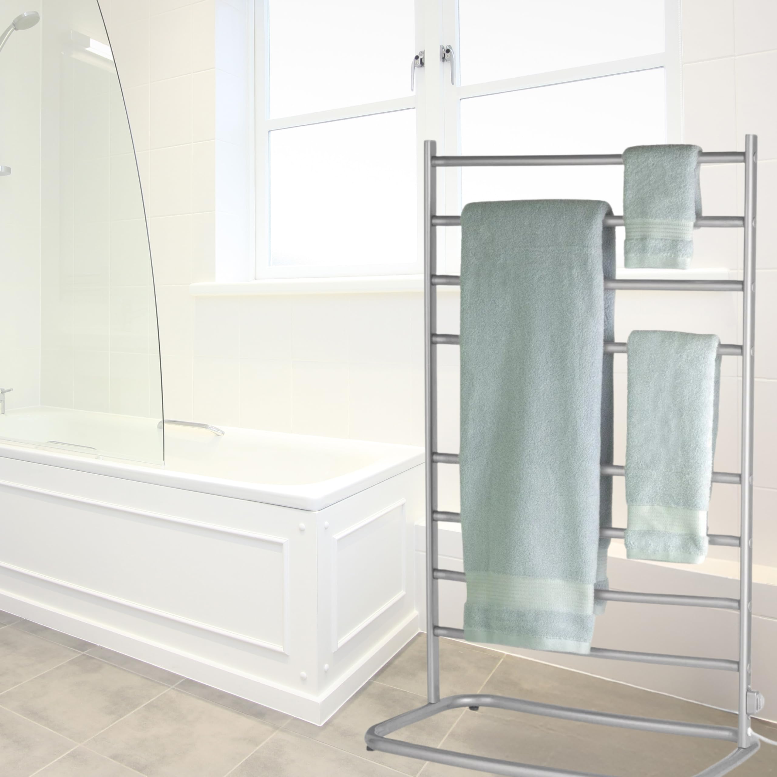 Warmrails Hyde Park Towel Warmer - Free-Standing Towel Warmer Rack for Drying Towels and Garments - 39-Inch Nickel Finish Frame with 8 Bars - Model WHS