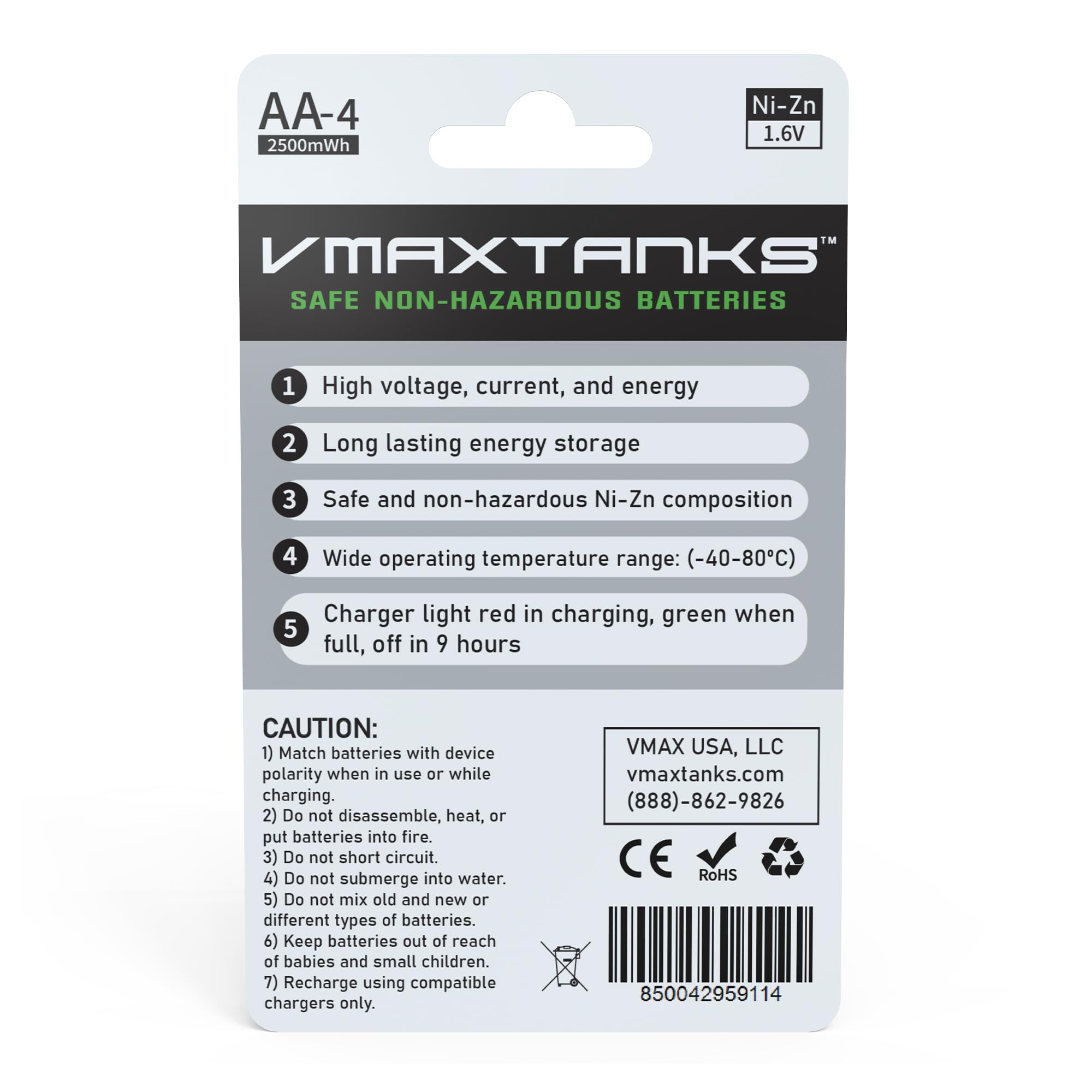 VMAX AA-4CH Ni-Zn Rechargeable AA 4 Pack Batteries for High Drain Devices + Charger 1.6V 2500mWh + Storage Case (1 Pack of (4))