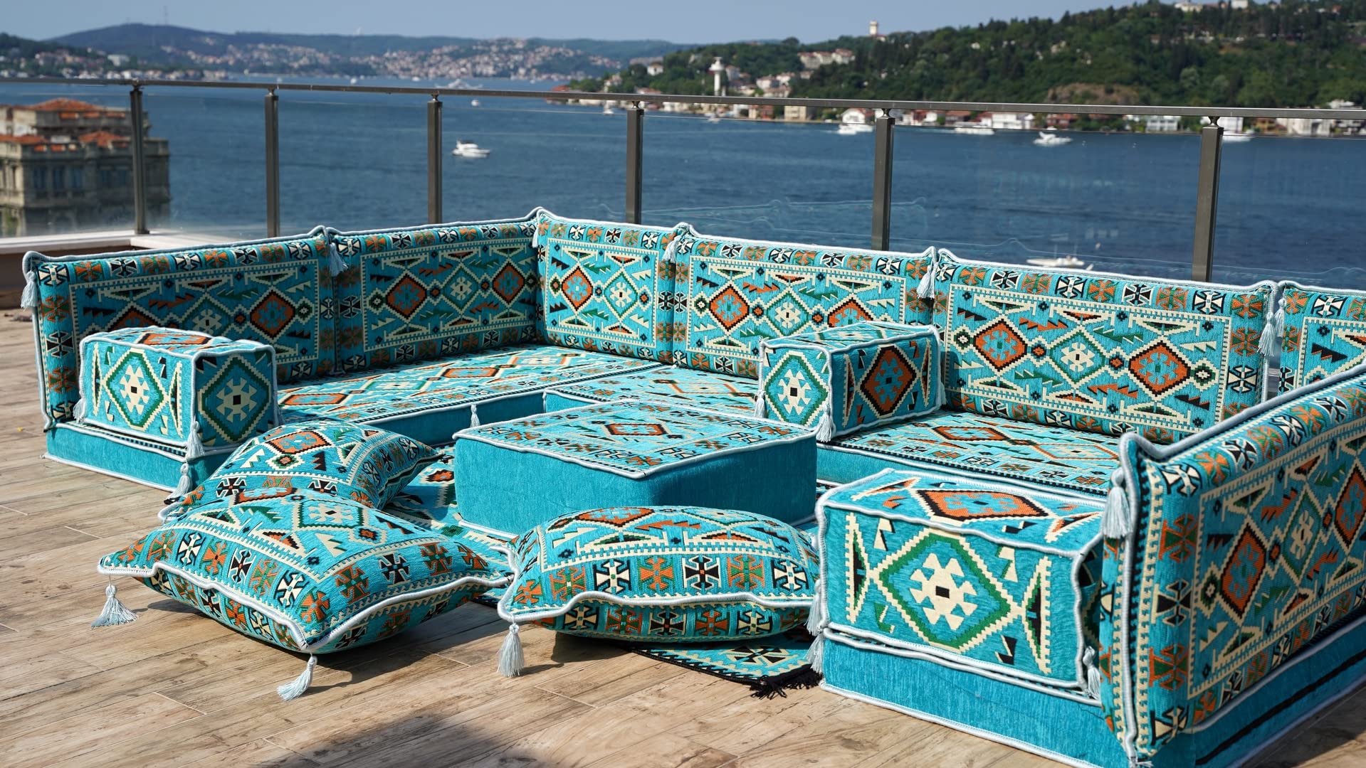 Light Blue Corner Floor Sofa Seating Set, U Shaped Arabic Sofa Set, Oriental Floor Seating, Floor Cushions, Living Room Sofa, Arabic Majlis,Floor Couch (U Sofa Full Set)