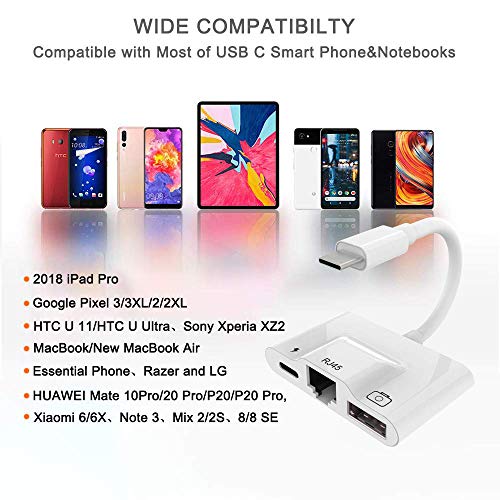 USB C to Ethernet Adapter,3 in 1 RJ45 to USB C Ethernet Adapter with USB Port and USB C Charge Compatible for MacBook Pro,Air, Dell XPS,Samsung Galaxy,Surface 7,iPad pro 2020,HTC U11 and More