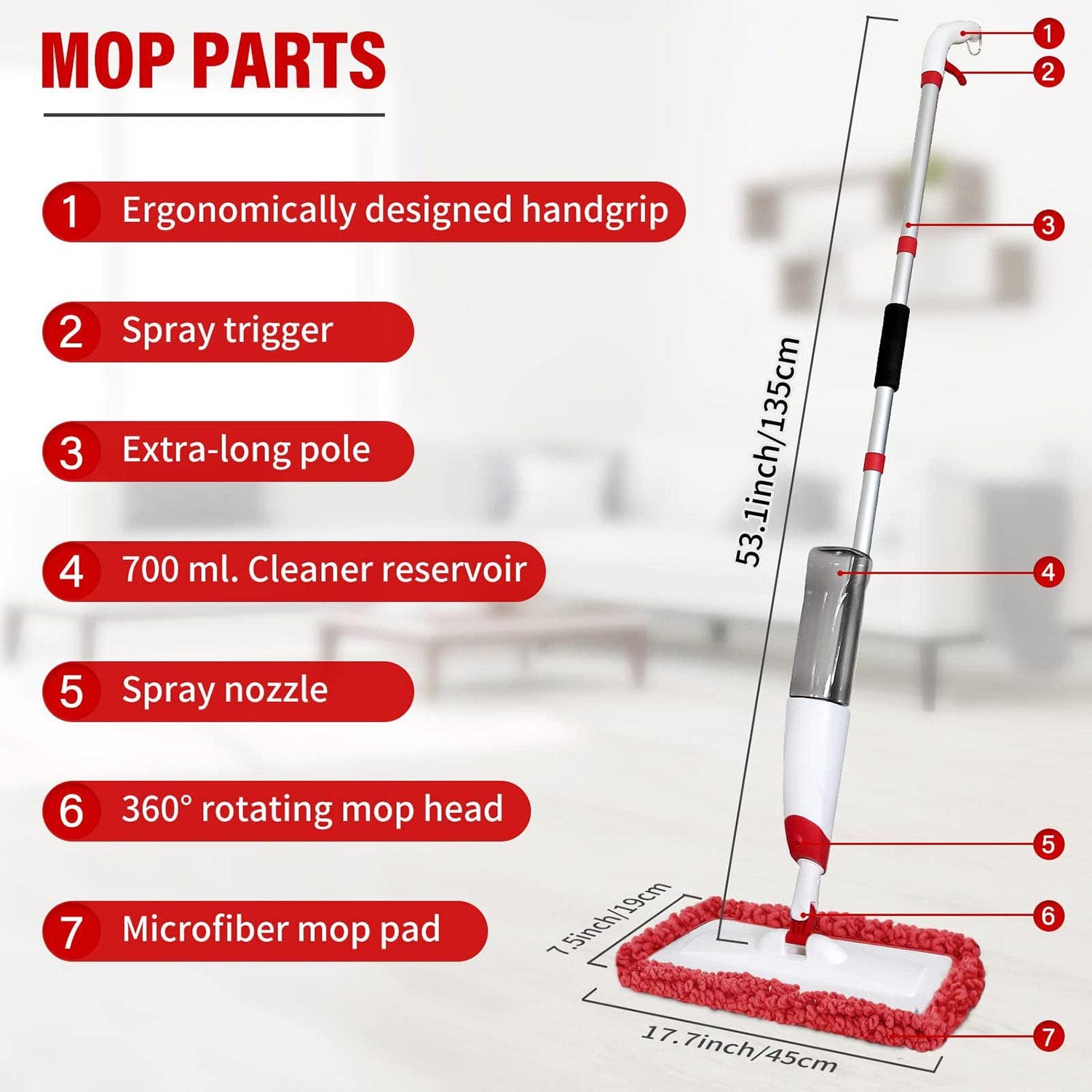 Spray Mops for Floor Cleaning, Microfiber Spray Cleaning Mop Kit with 3 Reusable Washable Pads 700ML Refillable Bottle and Scrubber Flat Mop with 360 Degree Swivel Head for Hardwood Laminate (Red)