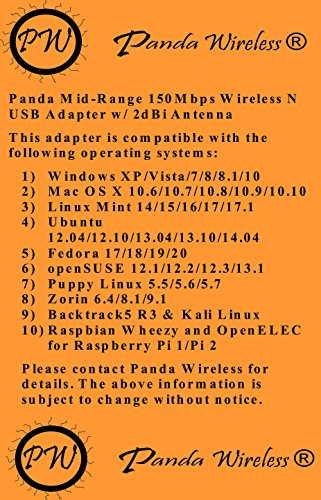 Panda Wireless® Mid Range 150Mbps Wireless N USB Adapter w/ 2dBi Antenna - Win XP/Vista/7/8/10/11, Mint, Ubuntu, MX Linux, Manjaro, Fedora, Centos, Kali Linux and Raspbian