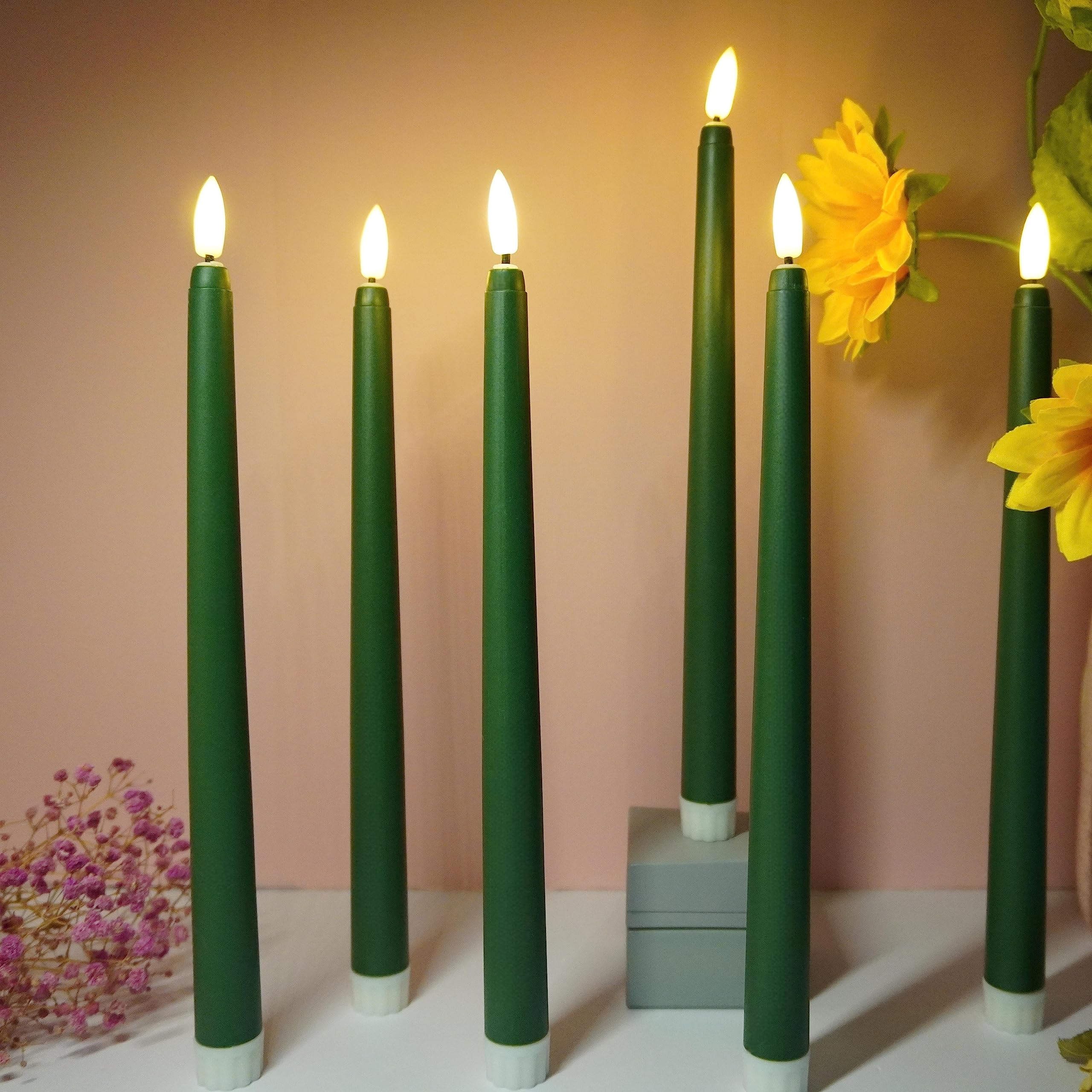 Ni-JASW Green Flameless Taper Candles with Remote, Flickering Battery Powered LED Candlesticks Set of 4