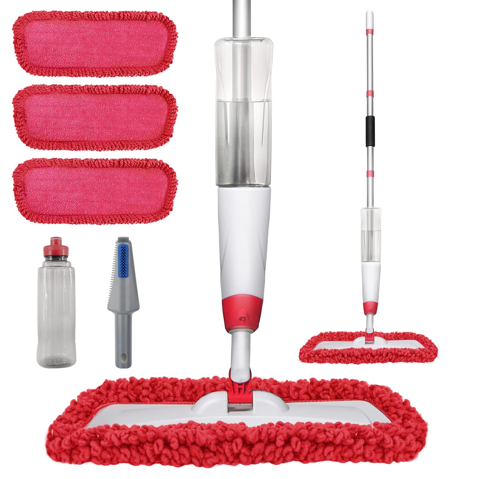 Spray Mops for Floor Cleaning, Microfiber Spray Cleaning Mop Kit with 3 Reusable Washable Pads 700ML Refillable Bottle and Scrubber Flat Mop with 360 Degree Swivel Head for Hardwood Laminate (Red)