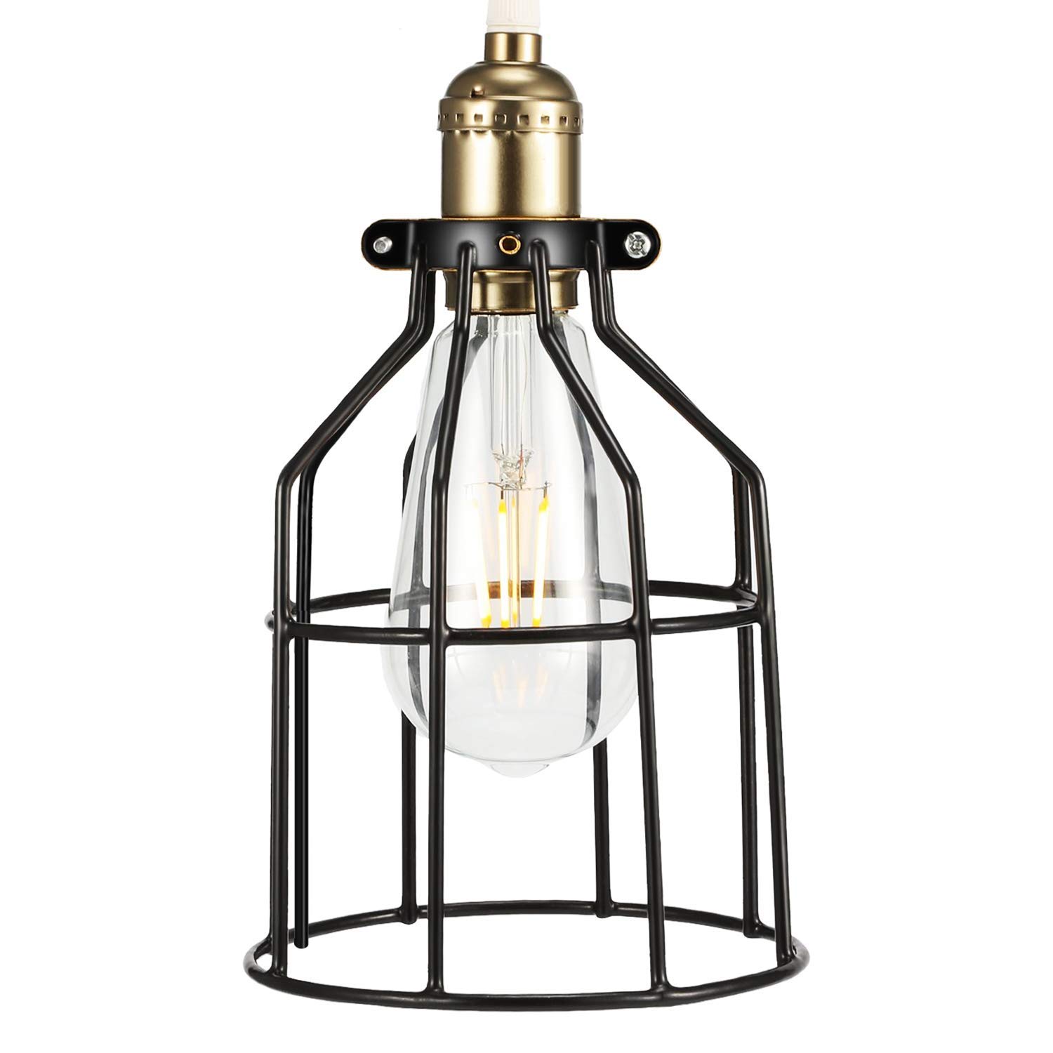 Simple Deluxe 1-Pack Adjustable Industrial Clamp on Metal Bulb Guard Cage for Pendant, Farmhouse Light Fixture, Vintage Lamp Shades and Hanging Lamp, Black