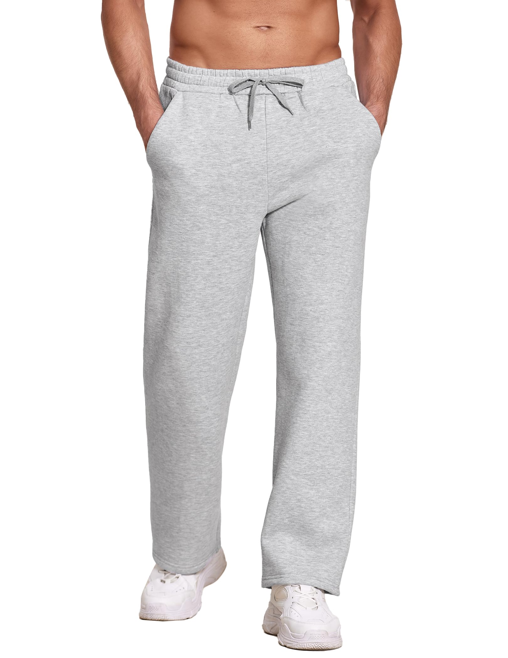 Deyeek Mens Grey Sweat Pants Thick Open Bottom Sweatpants for Men Baggy Straight Leg Joggers Winter Fleece Pants with Pockets