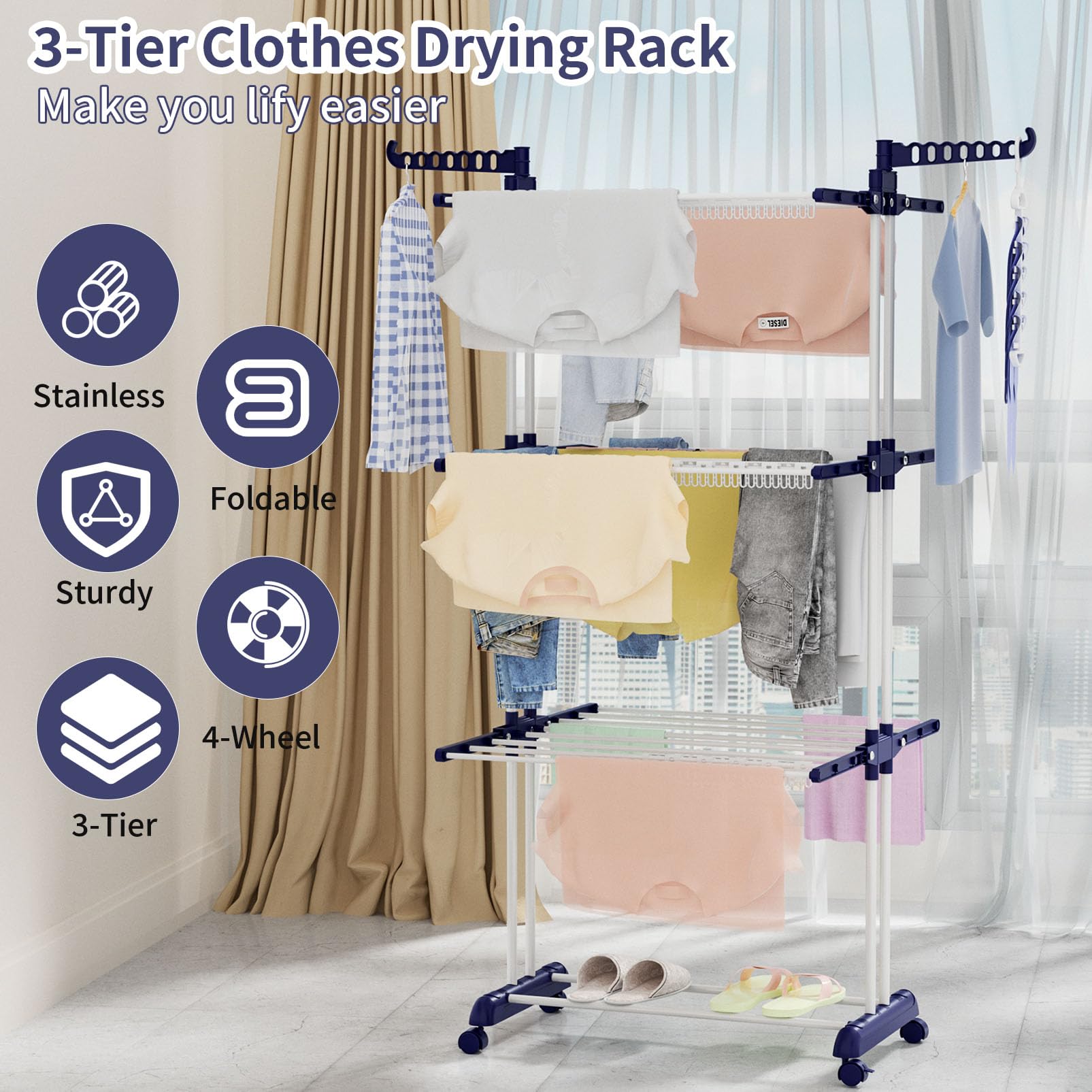 Rbitroise Clothes Drying Rack,Clothes Drying Rack Foldable,Drying Rack Clothing Folding,4-Tier Laundry Drying Rack for Clothes,Rolling Clothes Horses Dryer Rack,-Dark Blue