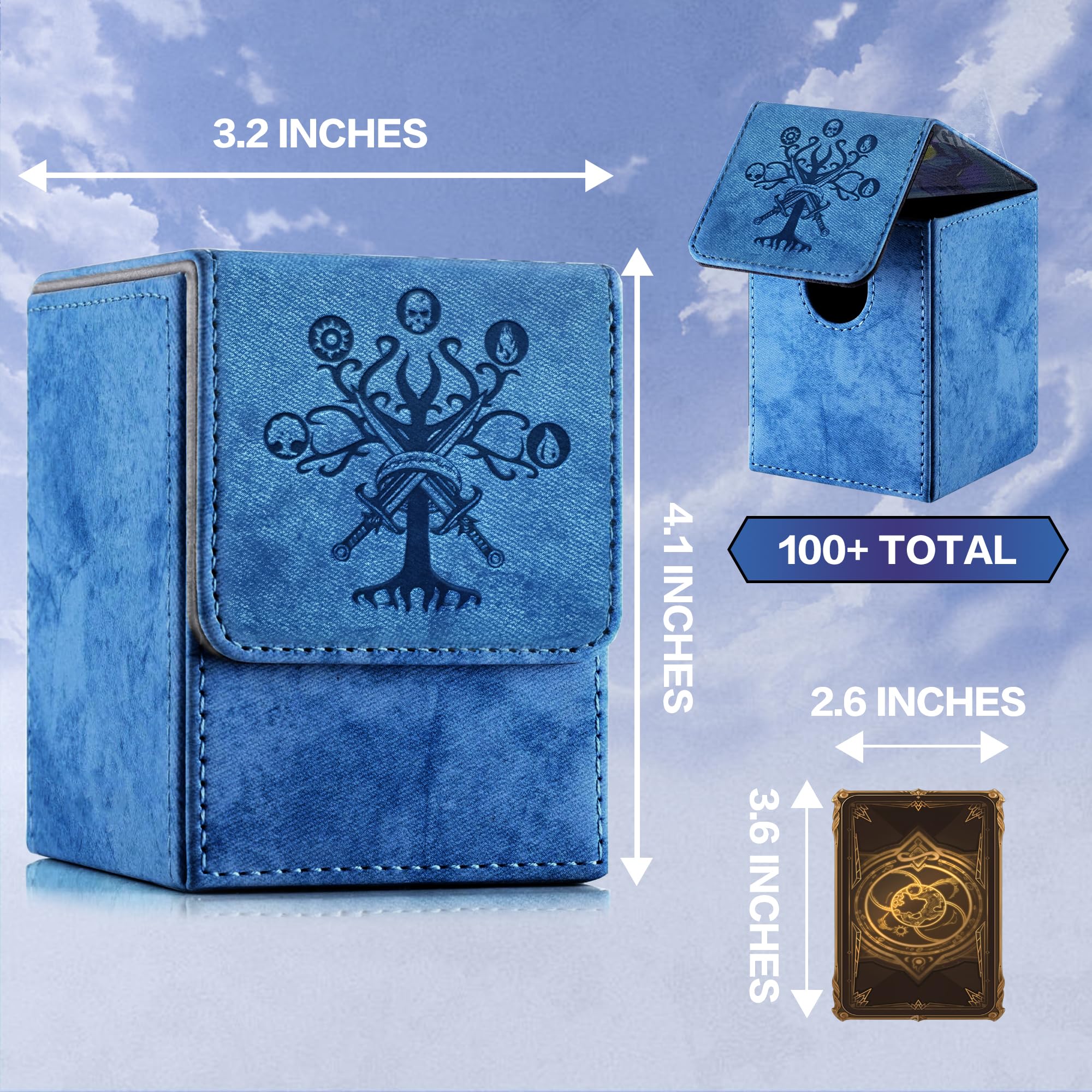 PROMAXIBINDER MTG Commander Deck Box with 2 Dividers, Fits 100+ Single Sleeved Cards, Strong Magnet Magic Gathering Deck Box, PU Leather Trading Card Storage Box for TCG CCG MTG Cards (Navy Blue-Tree)