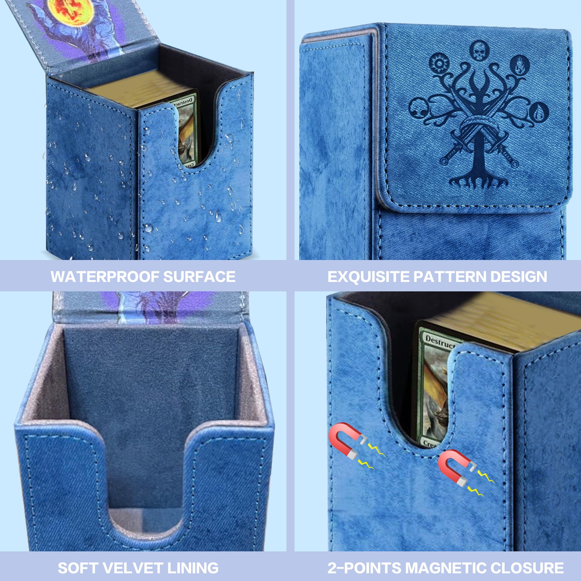 PROMAXIBINDER MTG Commander Deck Box with 2 Dividers, Fits 100+ Single Sleeved Cards, Strong Magnet Magic Gathering Deck Box, PU Leather Trading Card Storage Box for TCG CCG MTG Cards (Navy Blue-Tree)
