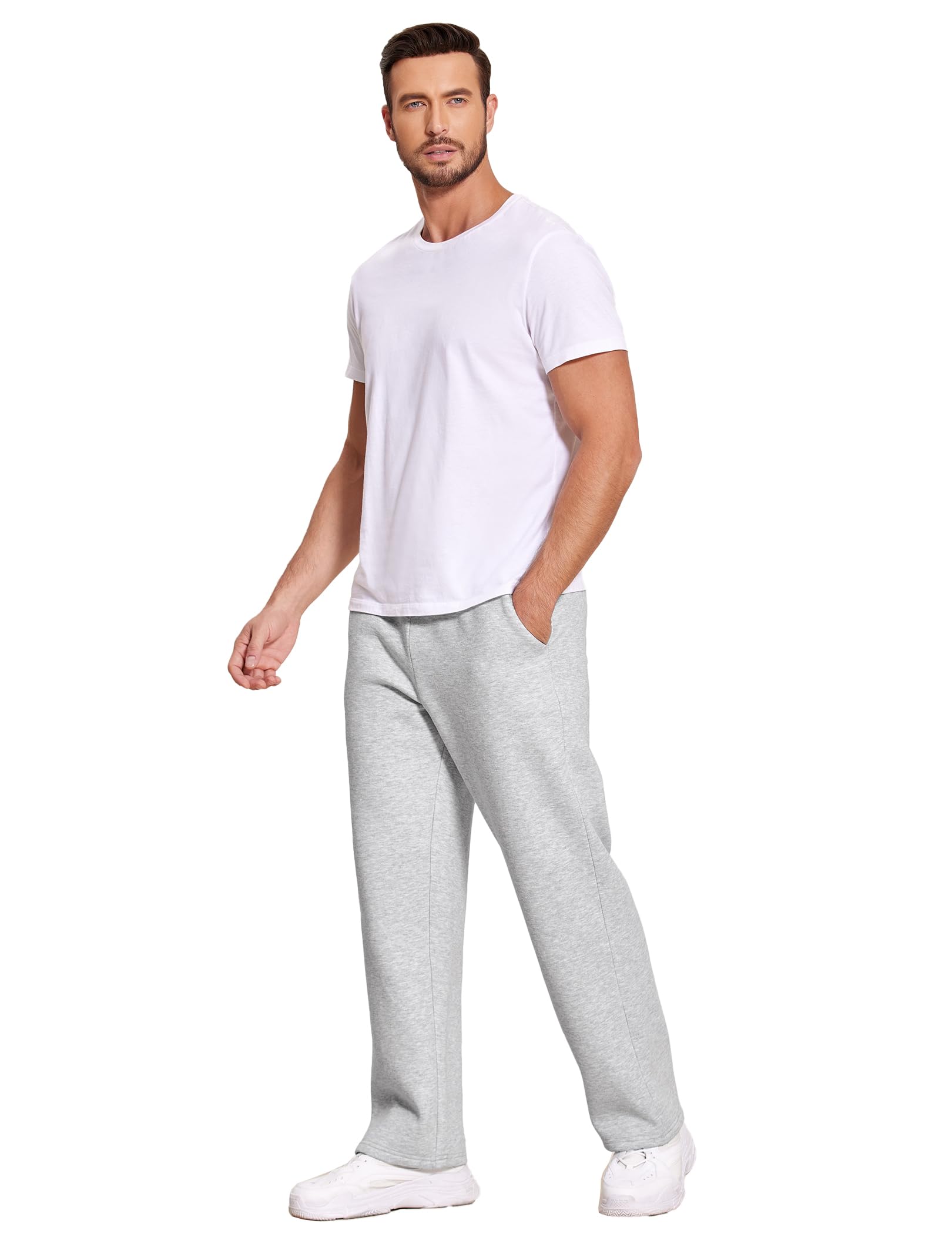 Deyeek Mens Grey Sweat Pants Thick Open Bottom Sweatpants for Men Baggy Straight Leg Joggers Winter Fleece Pants with Pockets