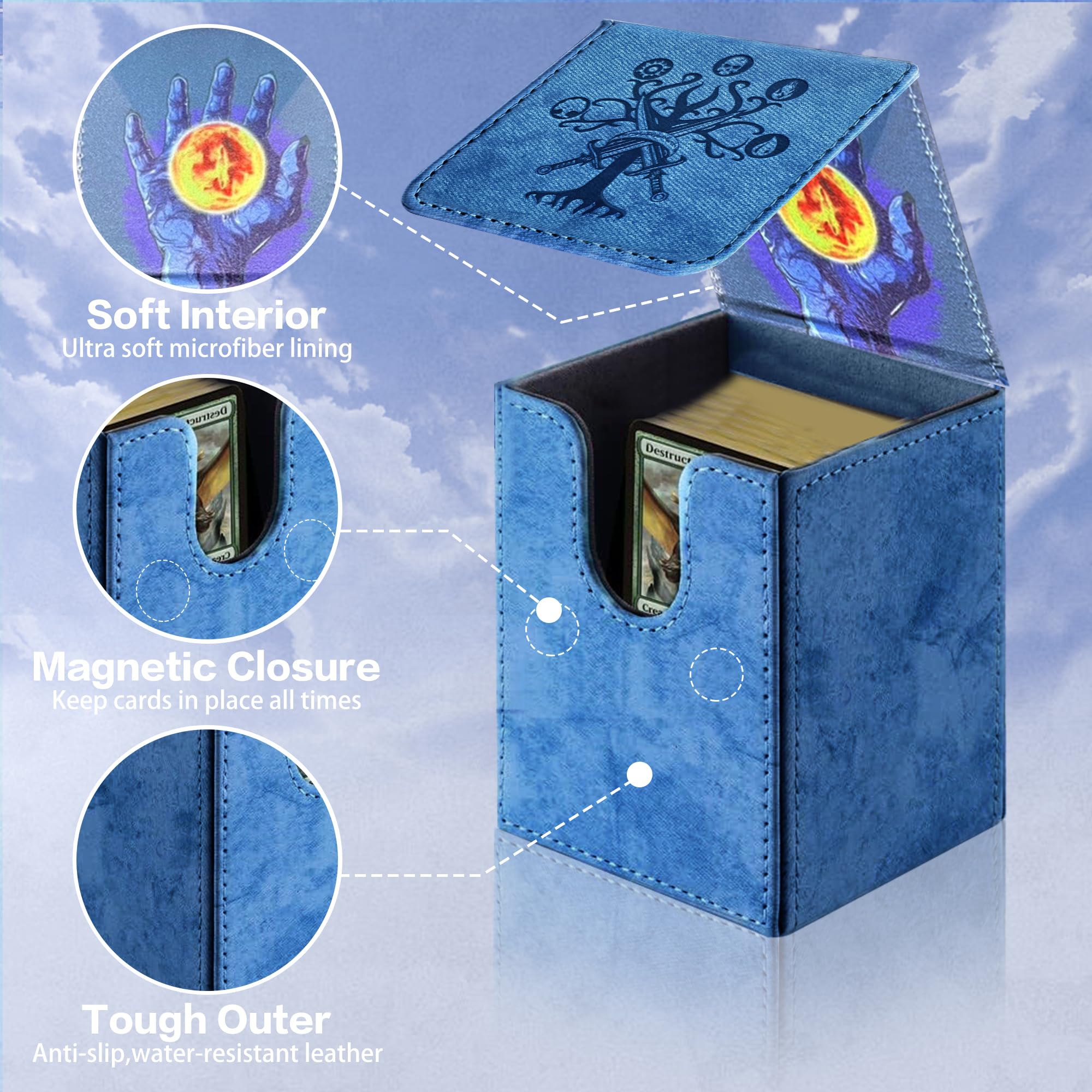 PROMAXIBINDER MTG Commander Deck Box with 2 Dividers, Fits 100+ Single Sleeved Cards, Strong Magnet Magic Gathering Deck Box, PU Leather Trading Card Storage Box for TCG CCG MTG Cards (Navy Blue-Tree)
