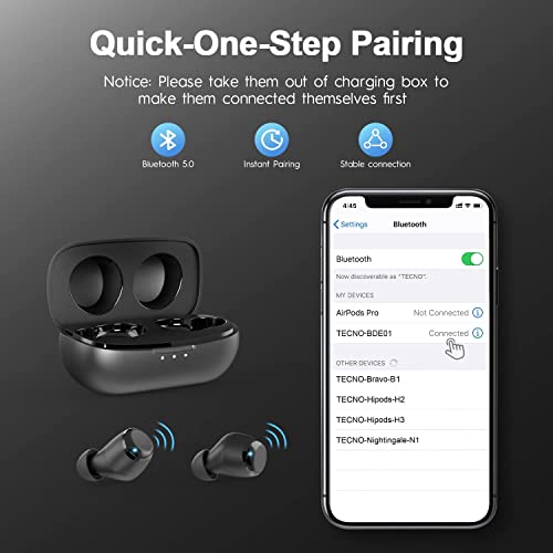 Tecno True Wireless Bluetooth Earbuds with Microphone, CVC 8.0 Environmental Noise Cancellation Headphones and Deep Bass, Low Latency Earbuds Built-in Mic, Waterproof Touch Control, BDE01