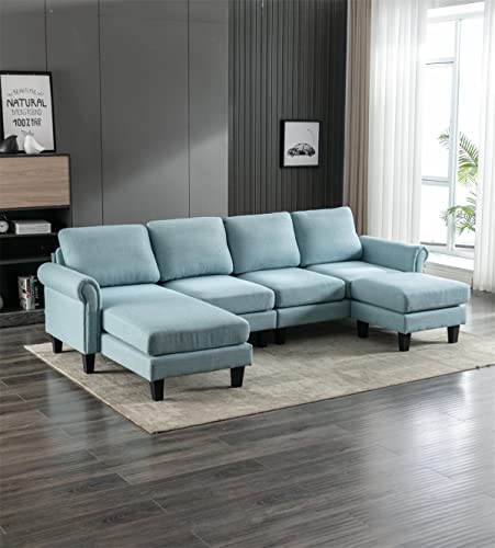 Sectional Sofa Set,Living Room Sofa Set Modular Sectional Sofa with Reversible Chaise,U-Shaped Sofa Sleeper with Ottoman,Multifunctional Sectional Couch for Living Room Apartment Office,Light Blue