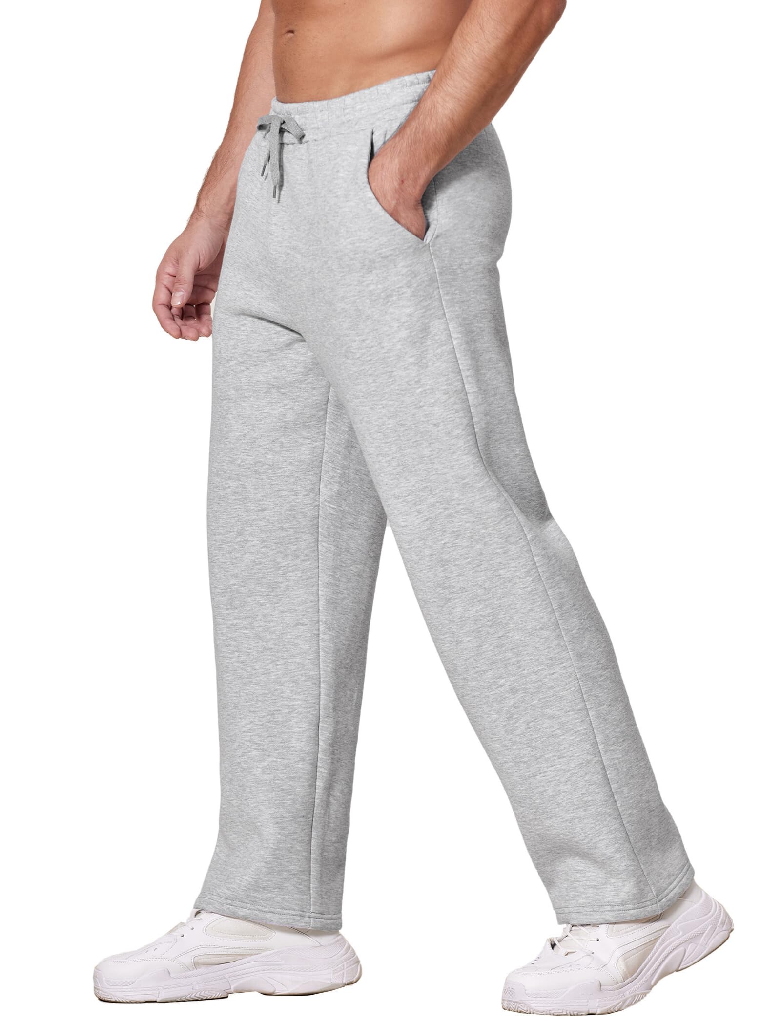 Deyeek Mens Grey Sweat Pants Thick Open Bottom Sweatpants for Men Baggy Straight Leg Joggers Winter Fleece Pants with Pockets