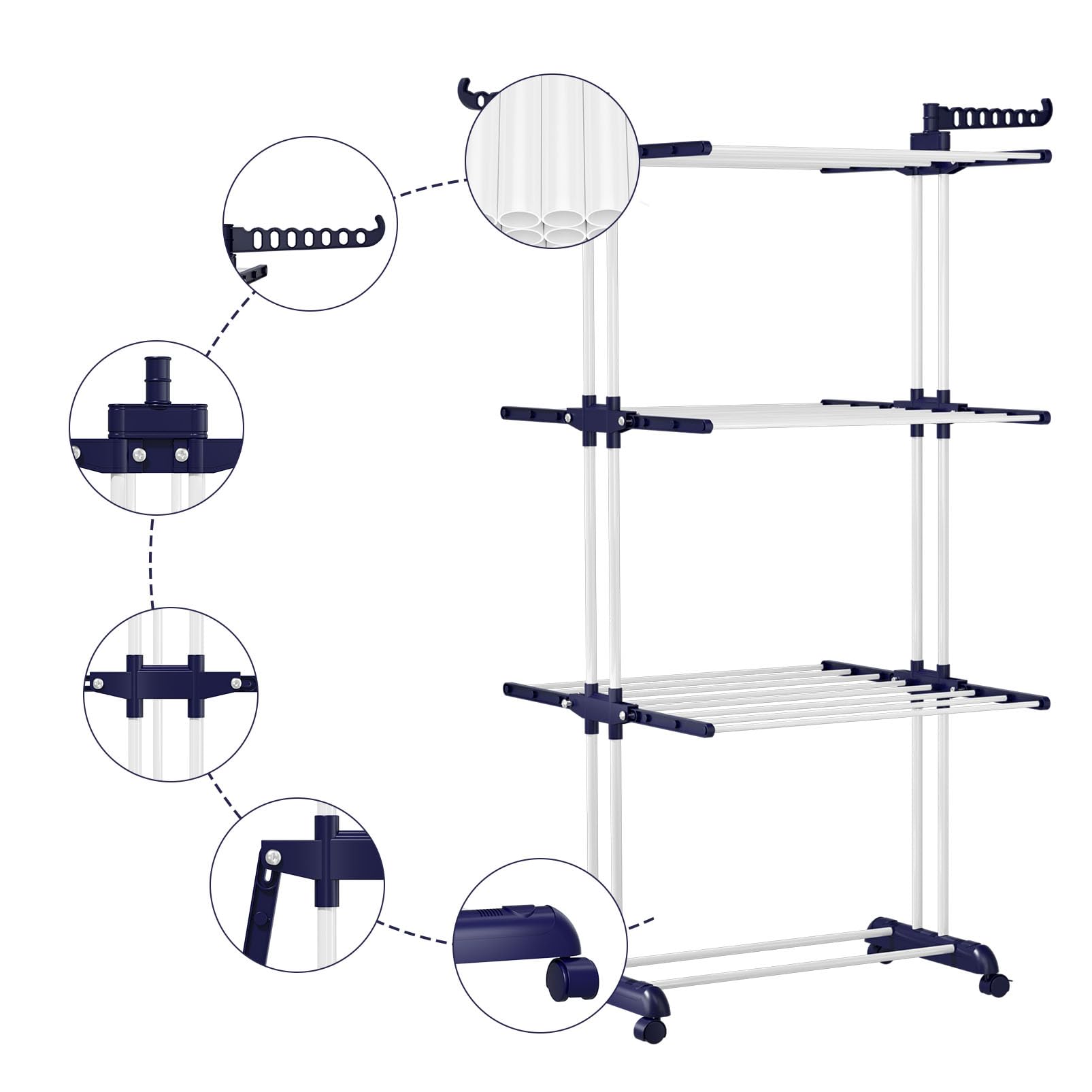 Rbitroise Clothes Drying Rack,Clothes Drying Rack Foldable,Drying Rack Clothing Folding,4-Tier Laundry Drying Rack for Clothes,Rolling Clothes Horses Dryer Rack,-Dark Blue