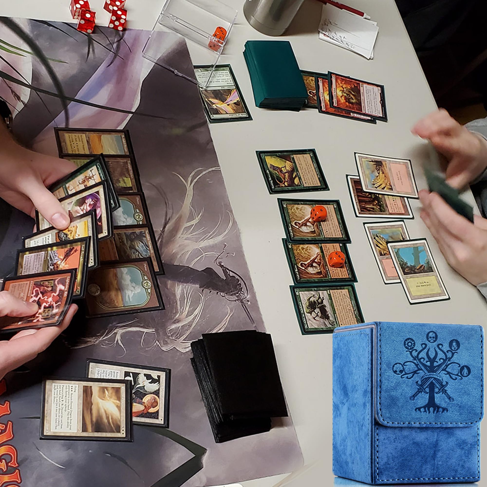 PROMAXIBINDER MTG Commander Deck Box with 2 Dividers, Fits 100+ Single Sleeved Cards, Strong Magnet Magic Gathering Deck Box, PU Leather Trading Card Storage Box for TCG CCG MTG Cards (Navy Blue-Tree)