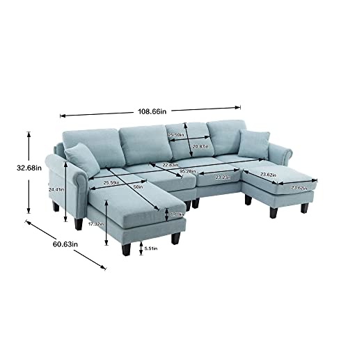 Sectional Sofa Set,Living Room Sofa Set Modular Sectional Sofa with Reversible Chaise,U-Shaped Sofa Sleeper with Ottoman,Multifunctional Sectional Couch for Living Room Apartment Office,Light Blue