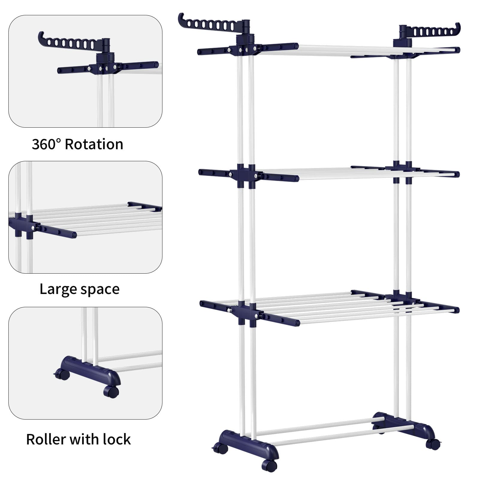 Rbitroise Clothes Drying Rack,Clothes Drying Rack Foldable,Drying Rack Clothing Folding,4-Tier Laundry Drying Rack for Clothes,Rolling Clothes Horses Dryer Rack,-Dark Blue