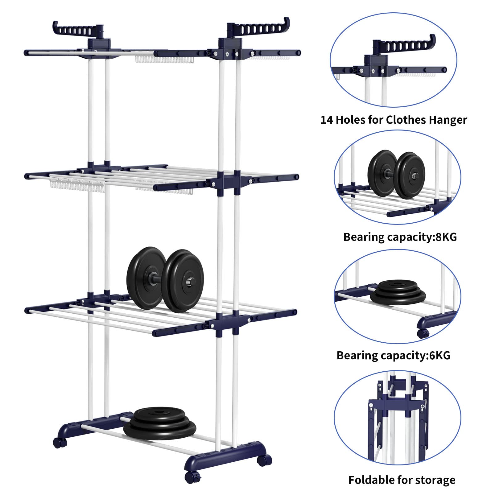 Rbitroise Clothes Drying Rack,Clothes Drying Rack Foldable,Drying Rack Clothing Folding,4-Tier Laundry Drying Rack for Clothes,Rolling Clothes Horses Dryer Rack,-Dark Blue