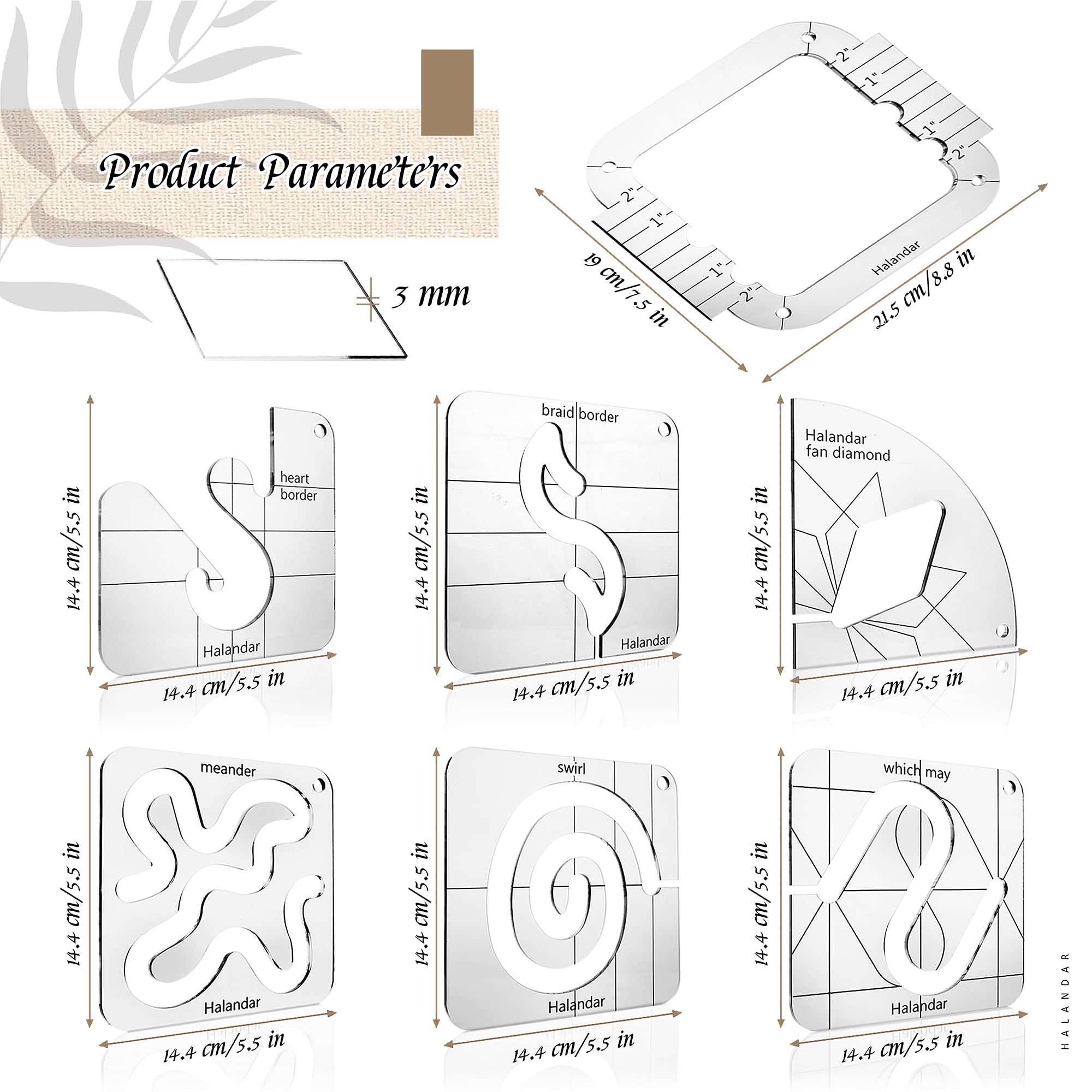 Halandar 6 Pcs Free Motion Quilting Template Series with 1 Quilting Frame 1 Ruler Foot 15 Non-Slip Mats 1 Instruction, 3mm Acrylic Templates for DIY Quilting Tool on Sewing Machine Ruler