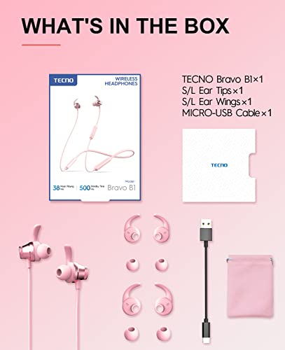 Tecno Wireless Bluetooth Headphones with Microphone, 38H Playtime Neckband Wireless Headphones, (B1-Black+Bule+Pink)