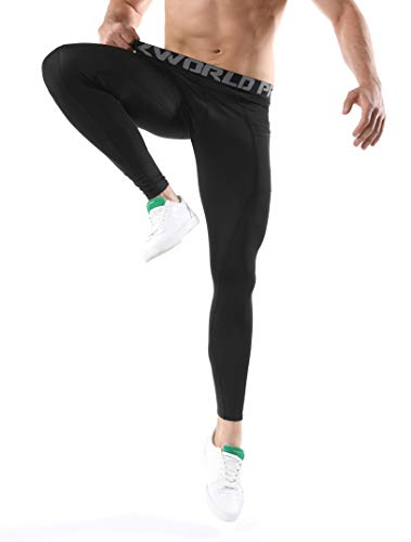SILKWORLD 3 Pack Mens Compression Pants Running Tights with Pockets Mens Leggings for Sports (Pack of 3: Black, Gray, White, Large)
