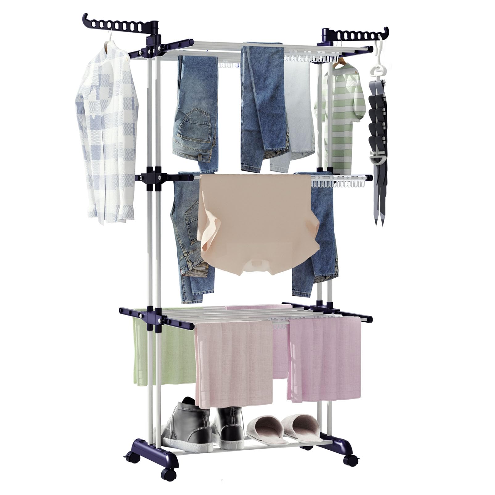 Rbitroise Clothes Drying Rack,Clothes Drying Rack Foldable,Drying Rack Clothing Folding,4-Tier Laundry Drying Rack for Clothes,Rolling Clothes Horses Dryer Rack,-Dark Blue
