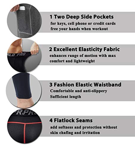 SILKWORLD 3 Pack Mens Compression Pants Running Tights with Pockets Mens Leggings for Sports (Pack of 3: Black, Gray, White, Large)