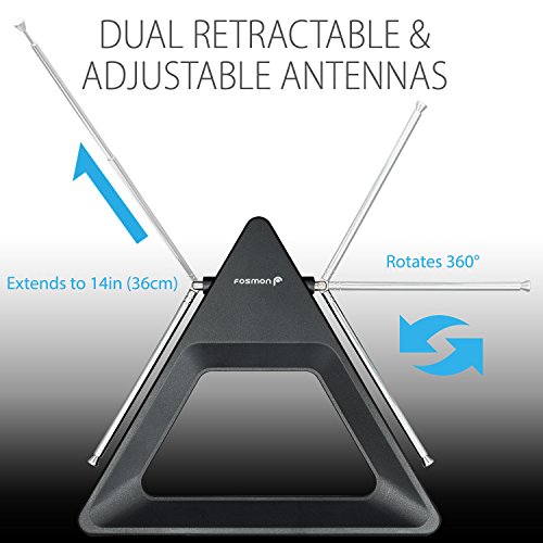 Fosmon HDTV Antenna 25-40 Miles Range, Indoor Rabbit Ear TV Antenna, Retractable Dipoles [Wall Mountable or Tabletop] with 5FT Cable Support 4K Ready, ATSC 3.0, UHF, VHF, 1080p Free TV Channel
