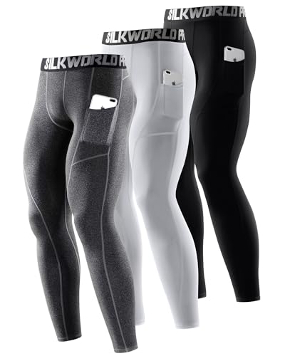SILKWORLD 3 Pack Mens Compression Pants Running Tights with Pockets Mens Leggings for Sports (Pack of 3: Black, Gray, White, Large)