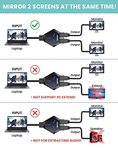 HDMI Splitter 1 in 2 Out, TOPYIYI 4K HDMI Splitter for Dual Monitors with Pigtail HDMI Cable, HDCP1.4 Bypass, Supports 4K@30Hz 3D 1080P for Xbox PS4 PS3 Blu-Ray Player Fire Stick Cable Box