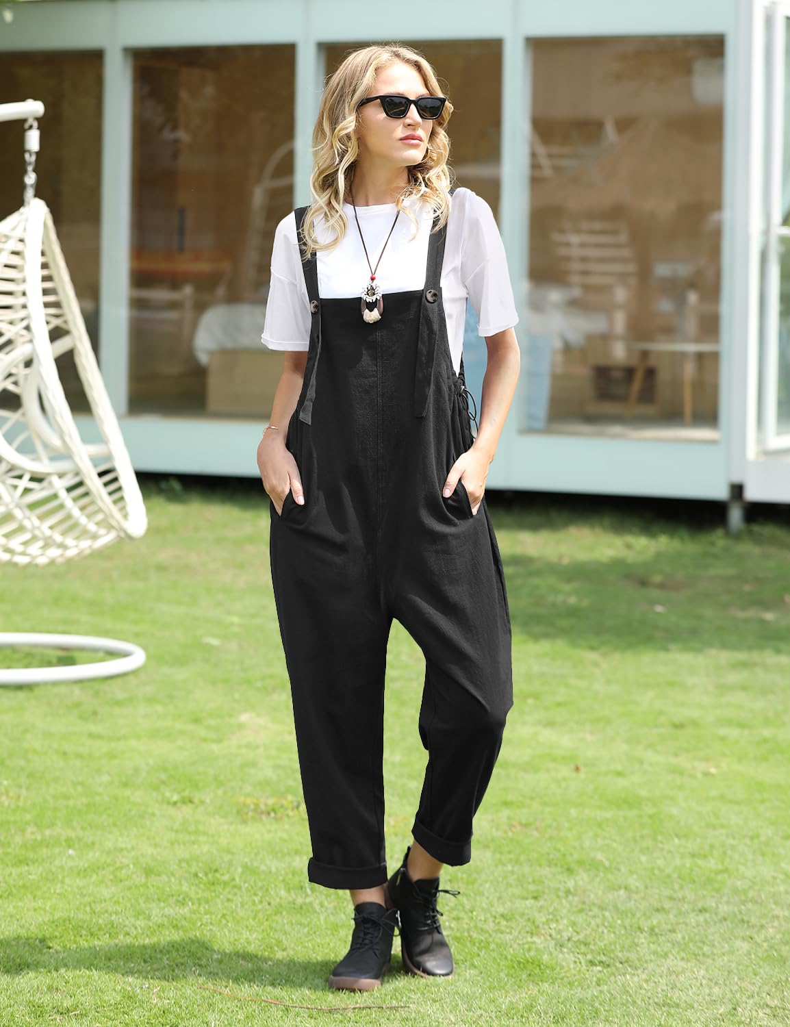 YESNO Women Casual Loose Bib Pants Overalls Baggy Cotton Harem Jumpsuits Rompers with Pockets PV2 (L PV2 Black)
