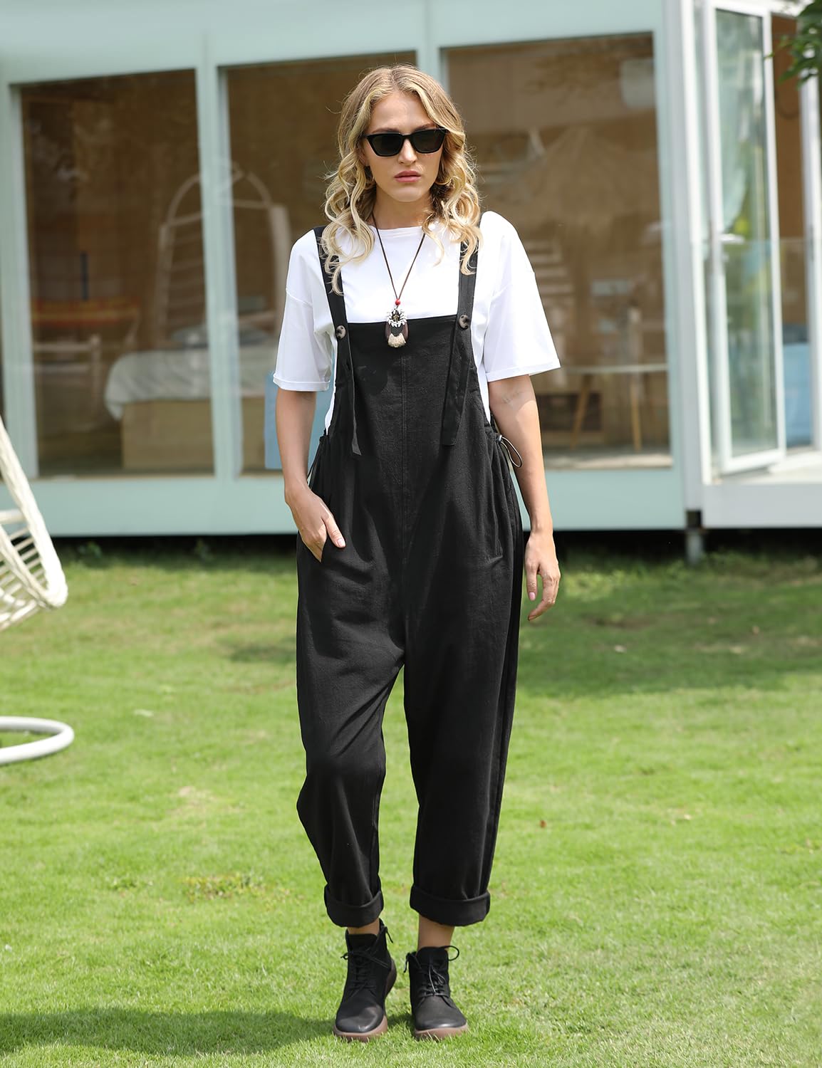YESNO Women Casual Loose Bib Pants Overalls Baggy Cotton Harem Jumpsuits Rompers with Pockets PV2 (L PV2 Black)