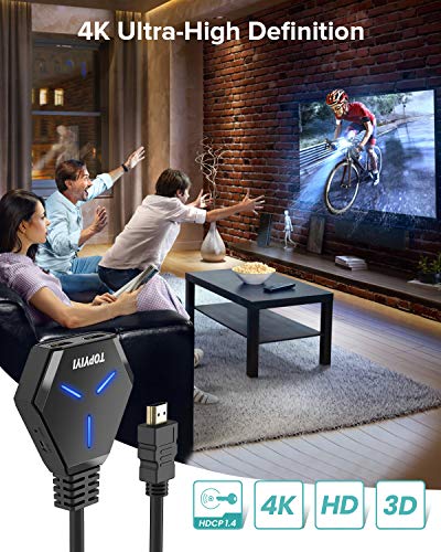 HDMI Splitter 1 in 2 Out, TOPYIYI 4K HDMI Splitter for Dual Monitors with Pigtail HDMI Cable, HDCP1.4 Bypass, Supports 4K@30Hz 3D 1080P for Xbox PS4 PS3 Blu-Ray Player Fire Stick Cable Box