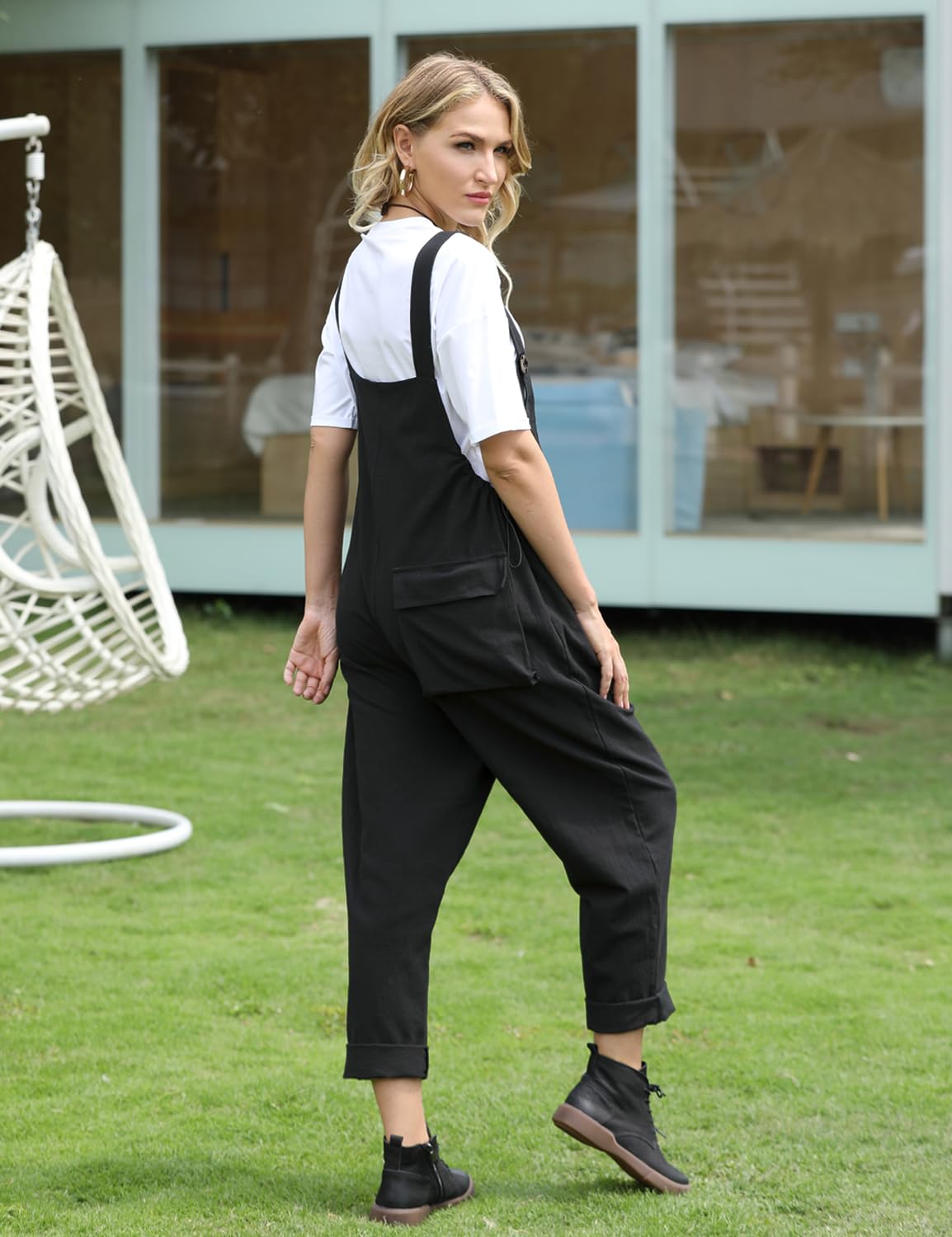 YESNO Women Casual Loose Bib Pants Overalls Baggy Cotton Harem Jumpsuits Rompers with Pockets PV2 (L PV2 Black)
