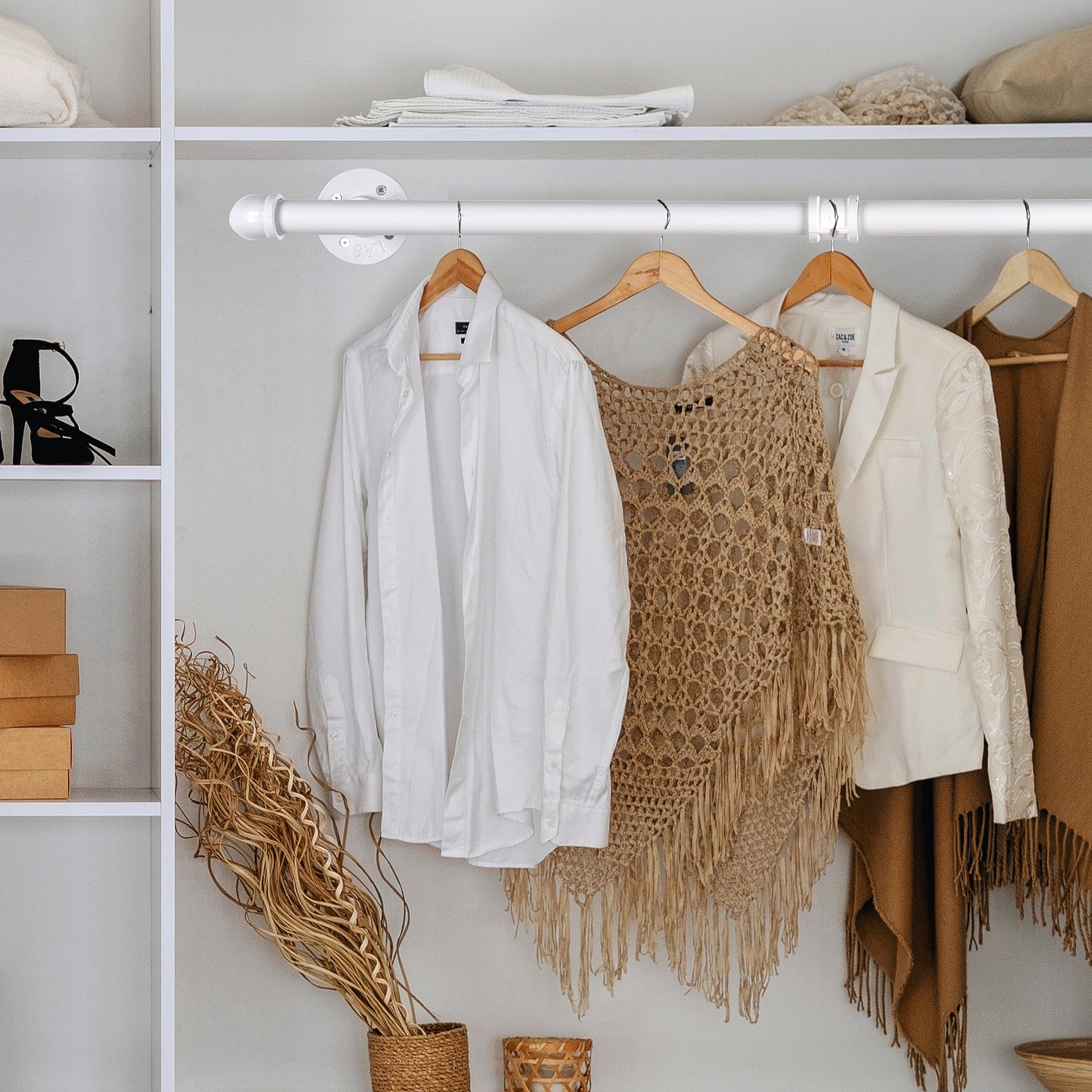 AddGrace 2 Pack Clothes Rack White Wall Mounted Industrial Pipe Clothing Rack for Hanging Clothes Multi-Purpose Garment Bar for Wardrobe and Laundry Room