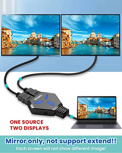 HDMI Splitter 1 in 2 Out, TOPYIYI 4K HDMI Splitter for Dual Monitors with Pigtail HDMI Cable, HDCP1.4 Bypass, Supports 4K@30Hz 3D 1080P for Xbox PS4 PS3 Blu-Ray Player Fire Stick Cable Box