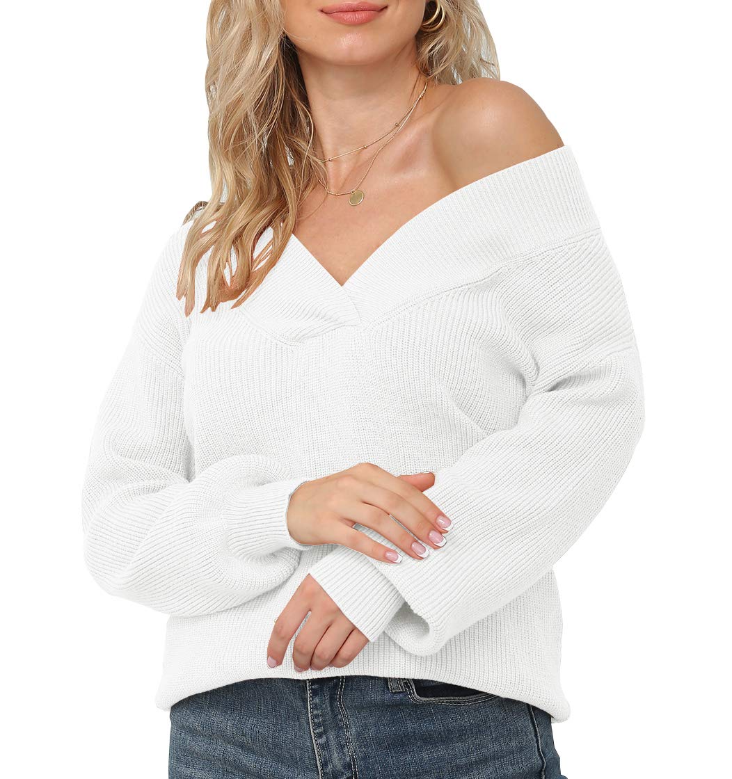 Feiersi Women's Off Shoulder Sweater Long Sleeve Loose Tops V-Neck Pullover Knit Jumper(White,Large)