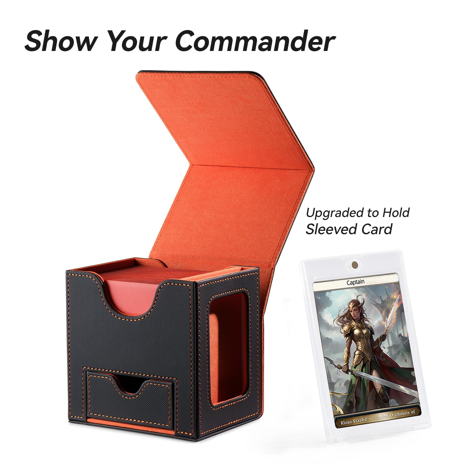 Mage Tech Card Deck Box for MTG Commander - Patented Design, Commander Display, Fits 100 Double-Sleeved Cards, 35pt Card Brick & Dice Tray - Grey/Orange