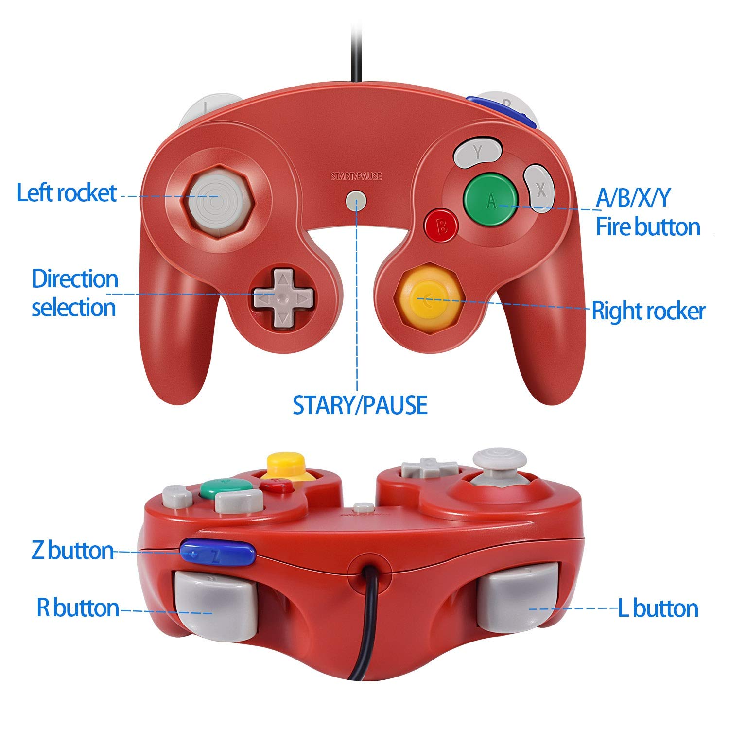 VOYEE GC Controller - 2 Pack Classic Wired Controllers Gamepad Replacement for Nintendo Wii Gamecube (Blue & Red)