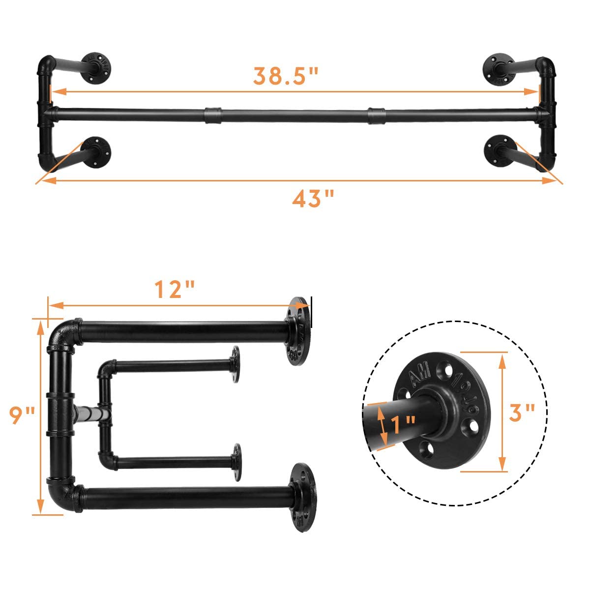 MY RUSTIC Industrial Pipe Clothes Rack-43 Inch, Heavy Duty Detachable Wall Mounted Black Iron Garment Bar, Multi-Purpose Hanging Rod for Closet Storage, Black- 43" L (43" L x 12" W) 41 (black 2)