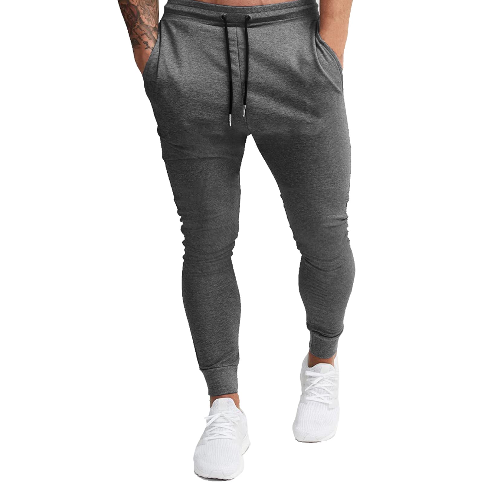 BUXKR Men's Slim Joggers Workout Pants for Gym Running and Bodybuilding Athletic Bottom Sweatpants with Deep Pockets,Dark Grey&Light Grey,L