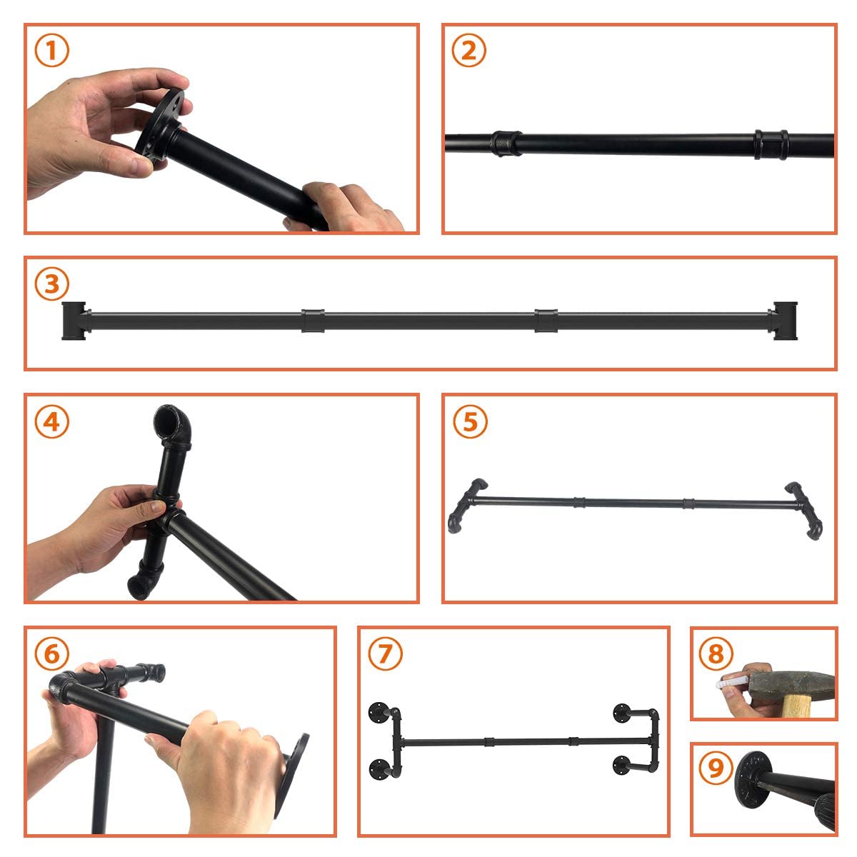 MY RUSTIC Industrial Pipe Clothes Rack-43 Inch, Heavy Duty Detachable Wall Mounted Black Iron Garment Bar, Multi-Purpose Hanging Rod for Closet Storage, Black- 43" L (43" L x 12" W) 41 (black 2)