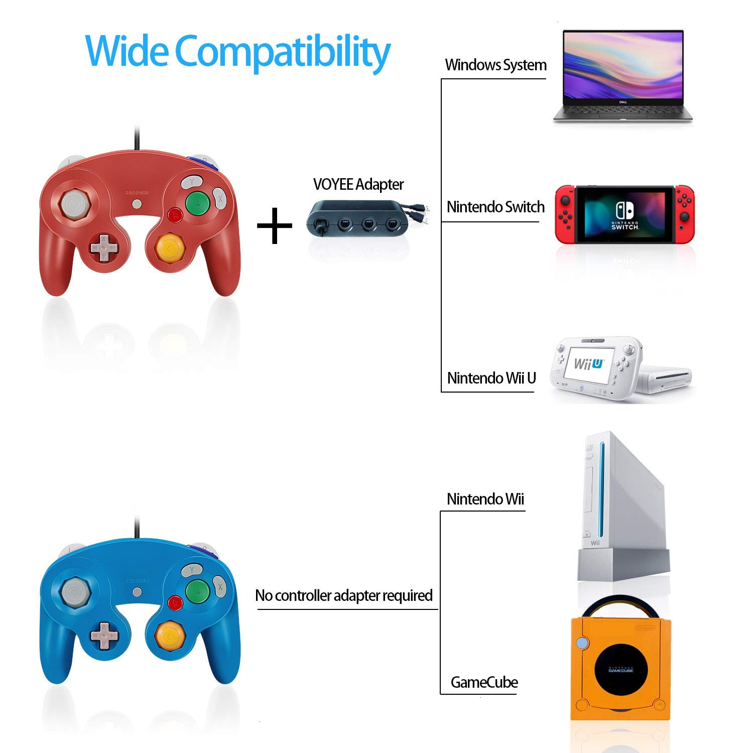VOYEE GC Controller - 2 Pack Classic Wired Controllers Gamepad Replacement for Nintendo Wii Gamecube (Blue & Red)