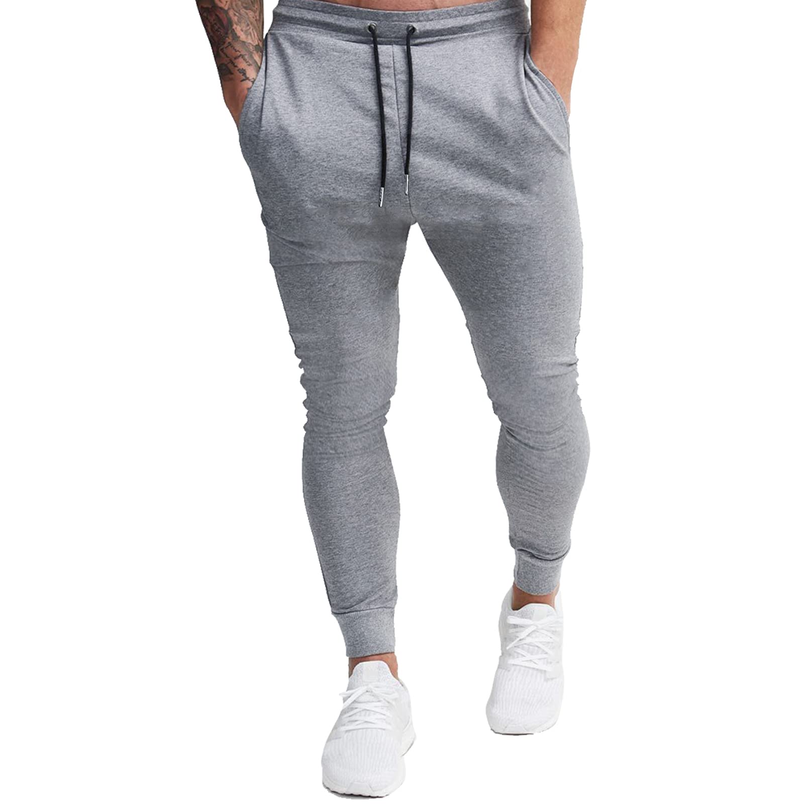 BUXKR Men's Slim Joggers Workout Pants for Gym Running and Bodybuilding Athletic Bottom Sweatpants with Deep Pockets,Dark Grey&Light Grey,L