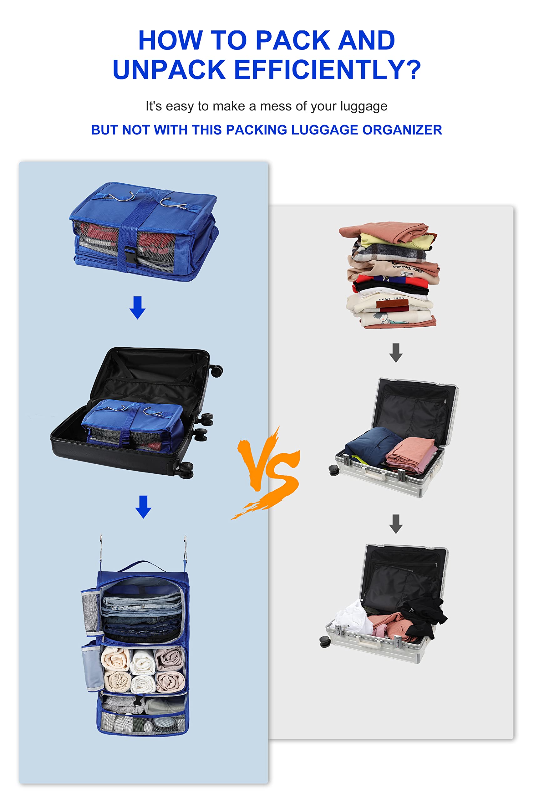 ELEZAY Hanging Packing Cubes Transformable Garment Closet Organizers Storage for Suitcases Carry on Luggage Compression Travel Bag with Shelves for Hotel Wardrobe Camper Accessories X-Large, Blue