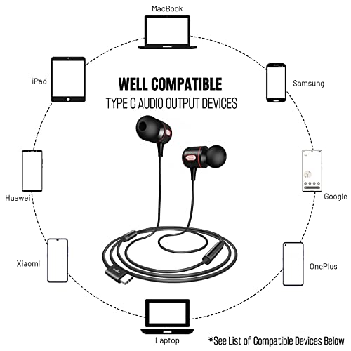 USB C Headphones, USB Type-C Wired Earphones in-Ear Earbuds Headset with Mic and Volume Control Compatible with iPad Pro, Samsung Galaxy S22 S21 Ultra S20 S20 FE, Google Pixel Xiaomi Huawei Oneplus