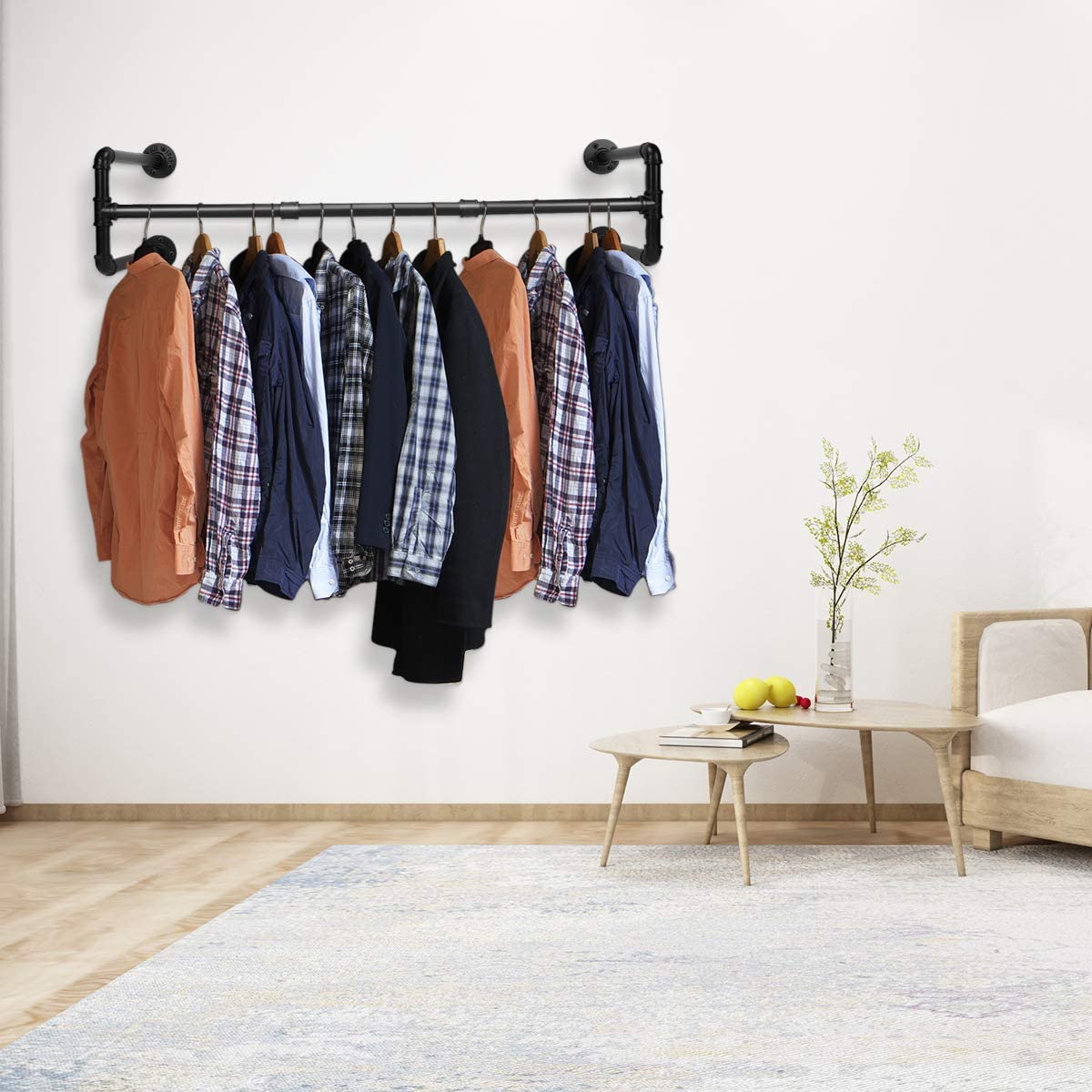 MY RUSTIC Industrial Pipe Clothes Rack-43 Inch, Heavy Duty Detachable Wall Mounted Black Iron Garment Bar, Multi-Purpose Hanging Rod for Closet Storage, Black- 43" L (43" L x 12" W) 41 (black 2)